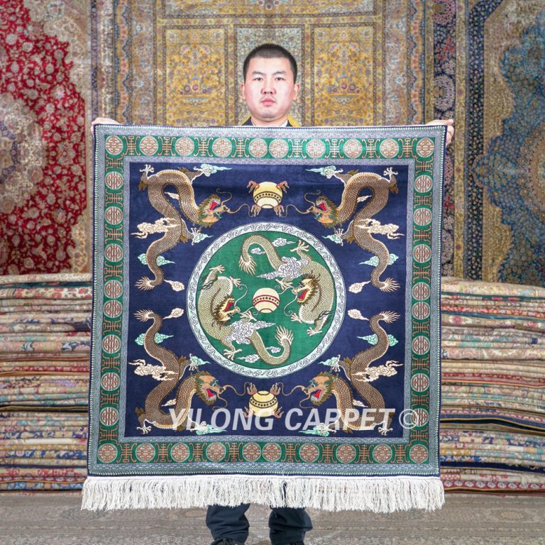 Double Dragons Playing Pearls Square Red Handmade Silk Rug Tapestry ...